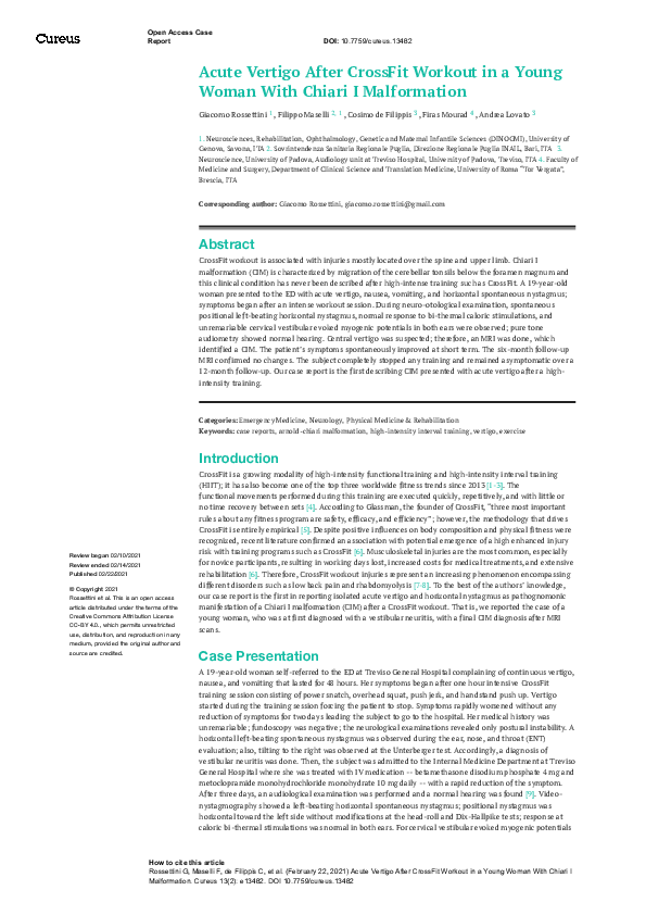 (PDF) Acute Vertigo After CrossFit Workout in a Young Woman With Chiari ...