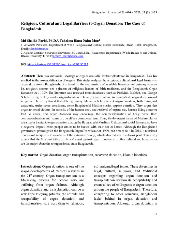 (PDF) Religious, Cultural and Legal Barriers to Organ Donation: The ...