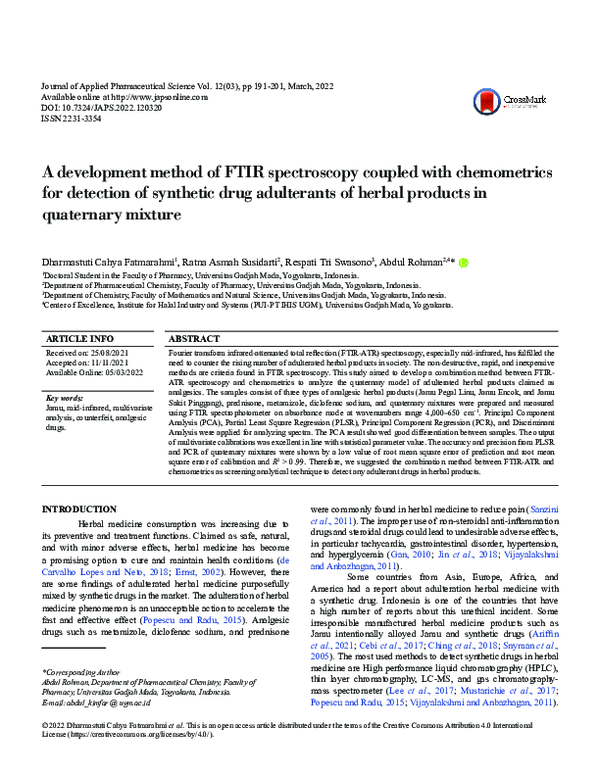 Pdf A Development Method Of Ftir Spectroscopy Coupled With Chemometrics For Detection Of