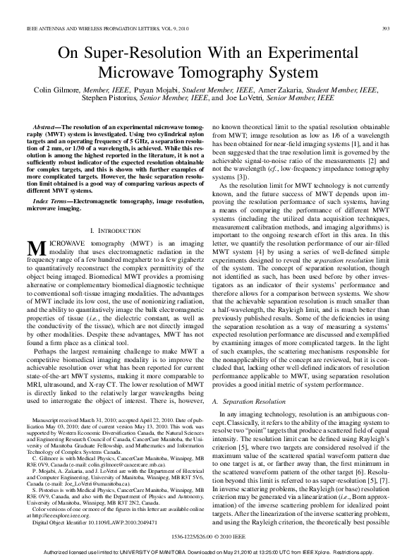(PDF) On Super-Resolution With an Experimental Microwave Tomography System