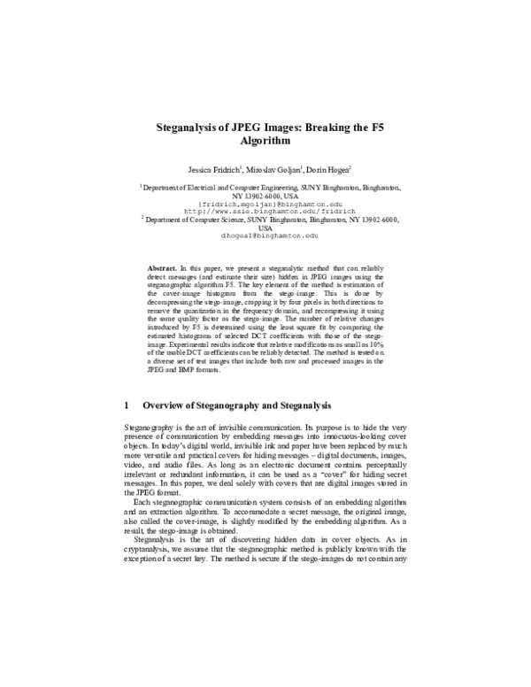 (PDF) Steganalysis of JPEG Images: Breaking the F5 Algorithm