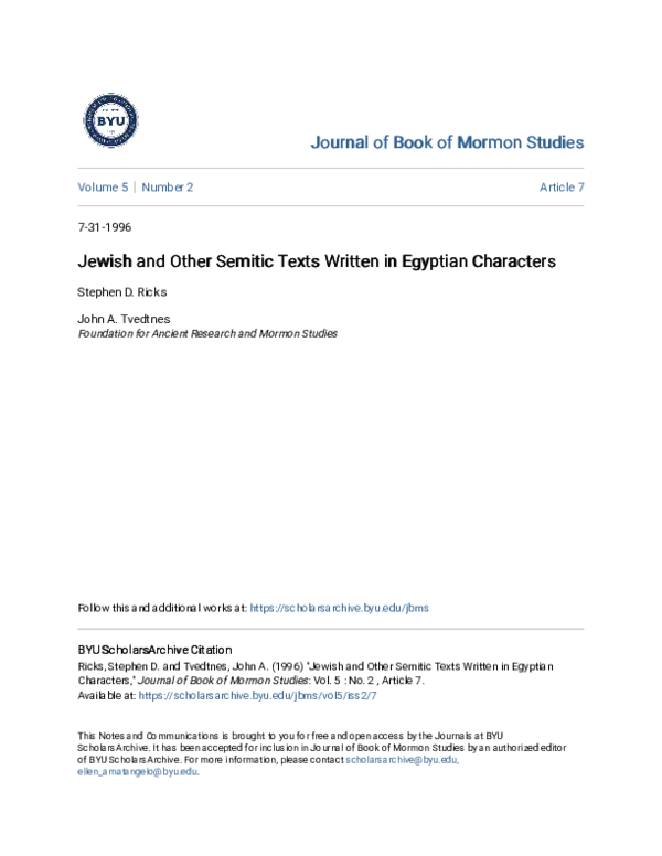 (PDF) Jewish and Other Semitic Texts Written in Egyptian Characters