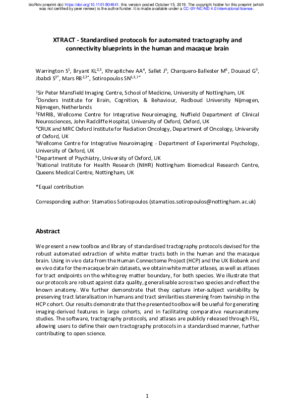 (PDF) XTRACT - Standardised protocols for automated tractography in the human and macaque brain