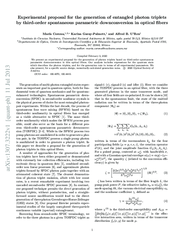 Pdf Experimental Proposal For The Generation Of Entangled Photon Triplets By Third Order