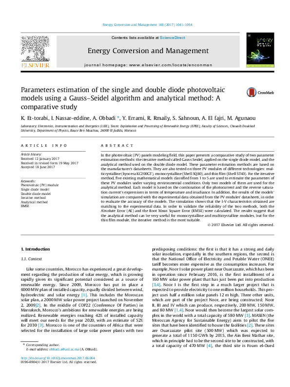 Pdf Parameters Estimation Of The Single And Double Diode Photovoltaic Models Using A Gauss