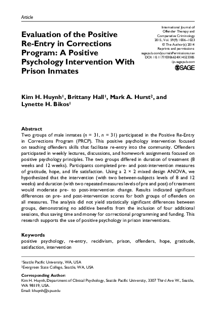 (PDF) Evaluation of the Positive Re-Entry in Corrections Program