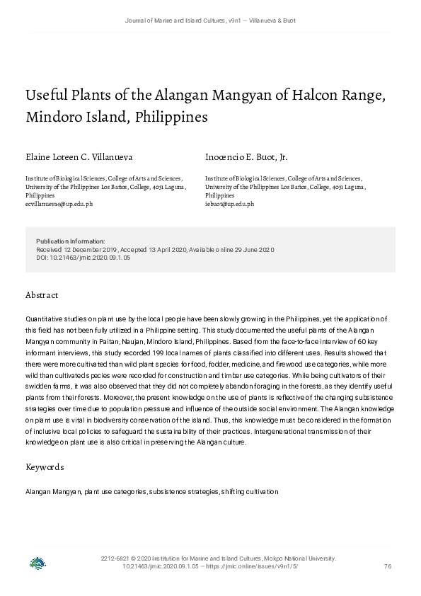 (PDF) Useful Plants of the Alangan Mangyan of Halcon Range, Mindoro ...