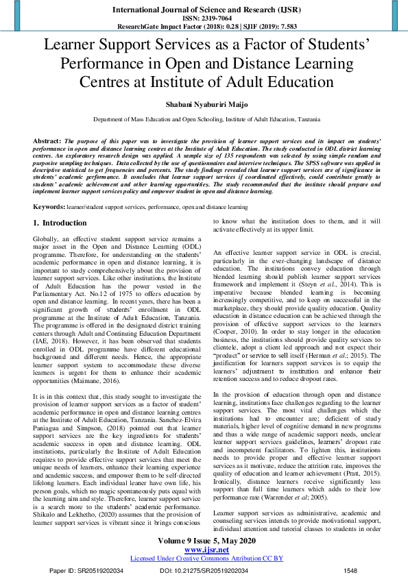 (PDF) Learner Support Services as a Factor of Students’ Performance in Open and Distance ...