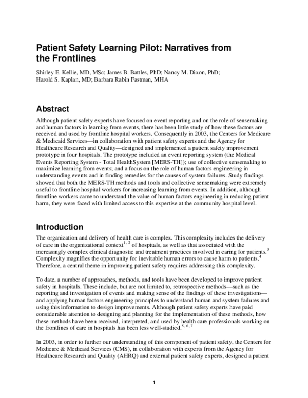 (PDF) Patient Safety Learning Pilot: Narratives from the Frontlines
