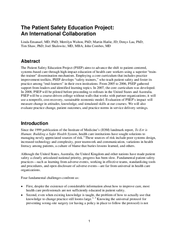 The patient safety education project: An international collaboration