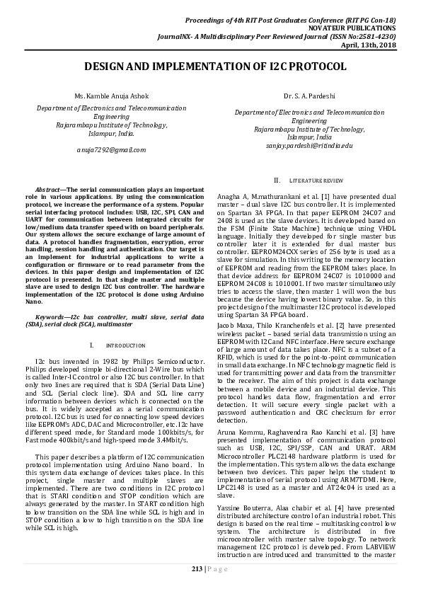 Pdf Design And Implementation Of I2c Protocol