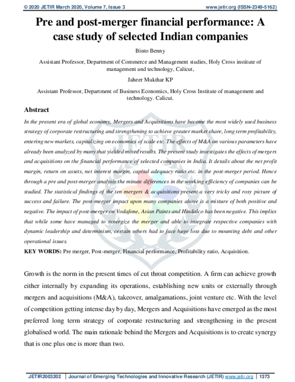 (PDF) Pre and Post merger Financial Performance: A case study of ...