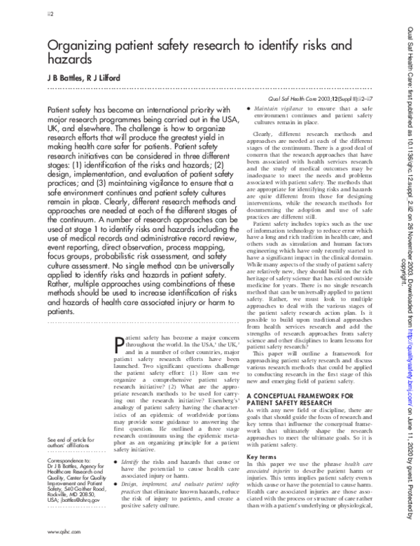 (PDF) Organizing patient safety research to identify risks and hazards
