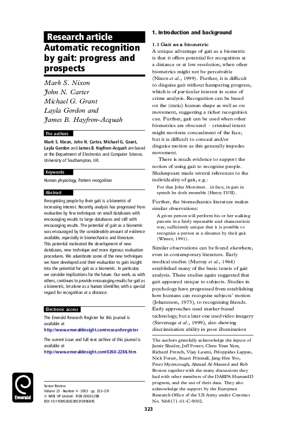 (PDF) Automatic recognition by gait: progress and prospects