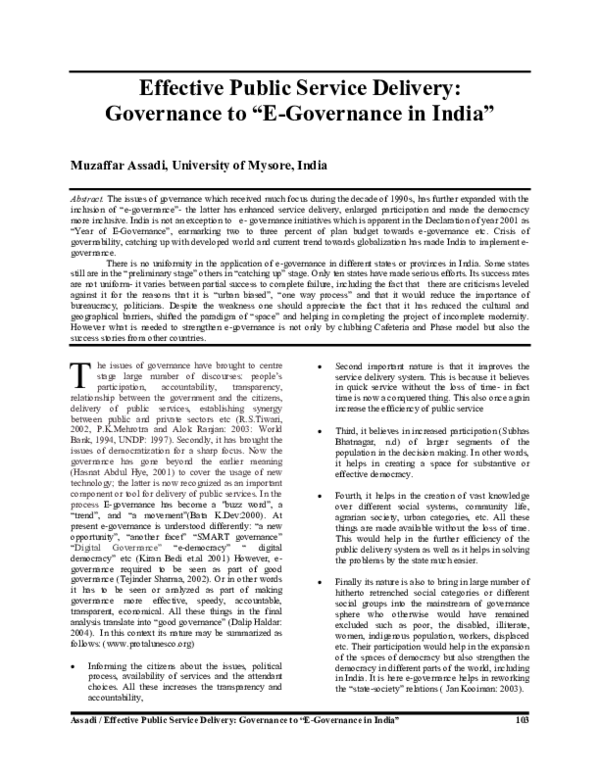 (PDF) Effective Public Service Delivery: Governance to "E-Governance in ...