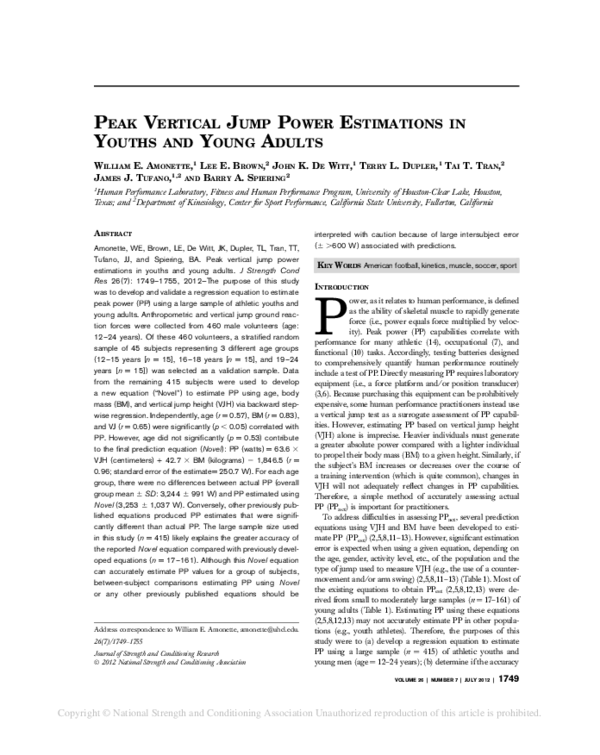 (PDF) Peak Vertical Jump Power Estimations in Youths and Young Adults