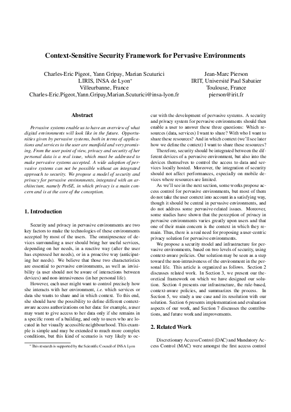 Pdf Context Sensitive Security Framework For Pervasive Environments Marian Scuturici