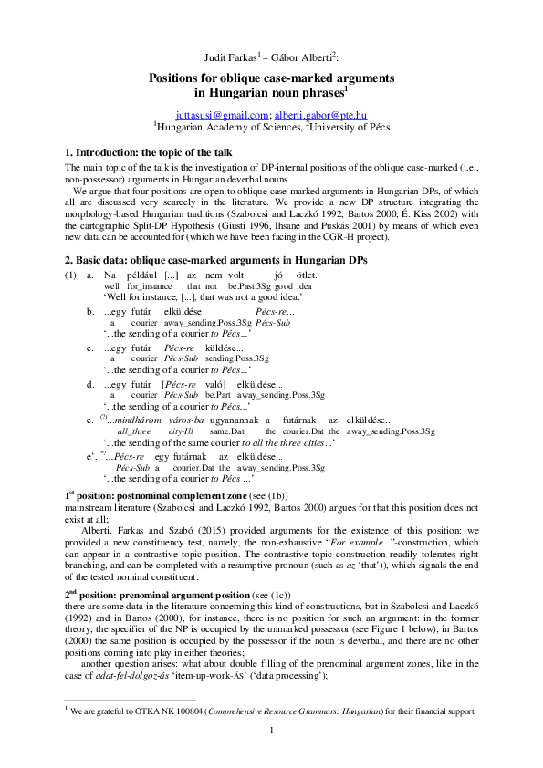 (PDF) Positions for oblique case-marked arguments in Hungarian noun phrases