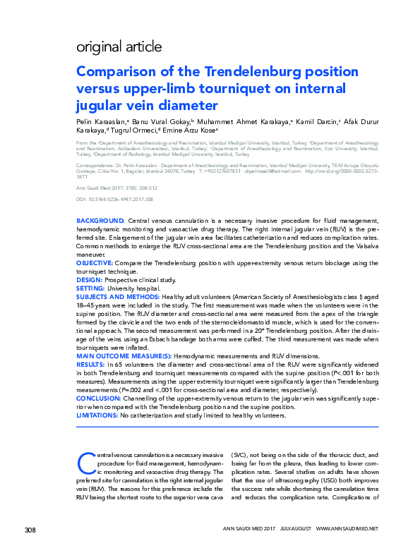 (PDF) Comparison of the Trendelenburg position versus upper-limb tourniquet on internal jugular ...