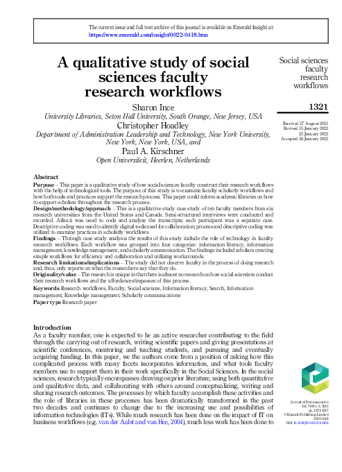 (PDF) A qualitative study of social sciences faculty research workflows