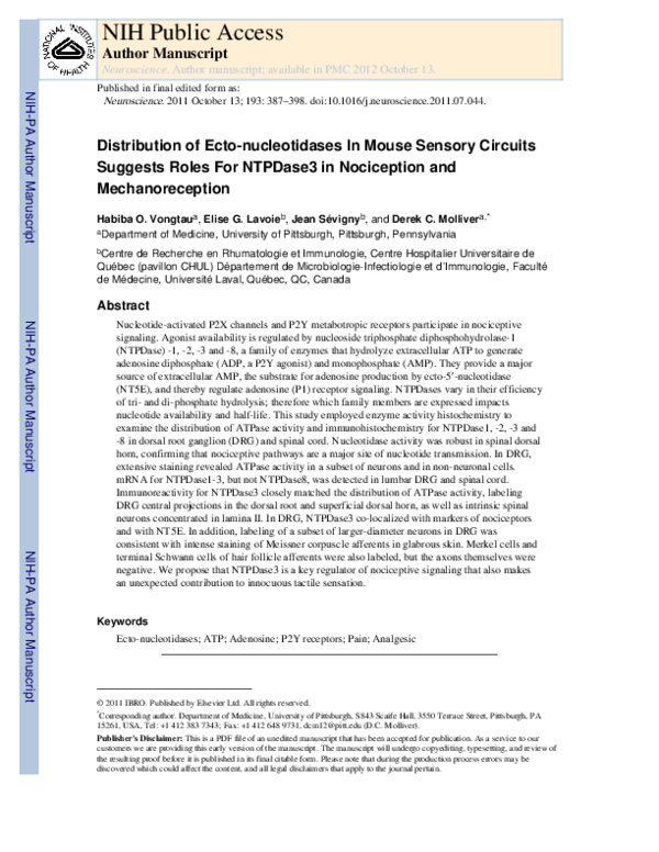 (PDF) Distribution of ecto-nucleotidases in mouse sensory circuits suggests roles for nucleoside ...