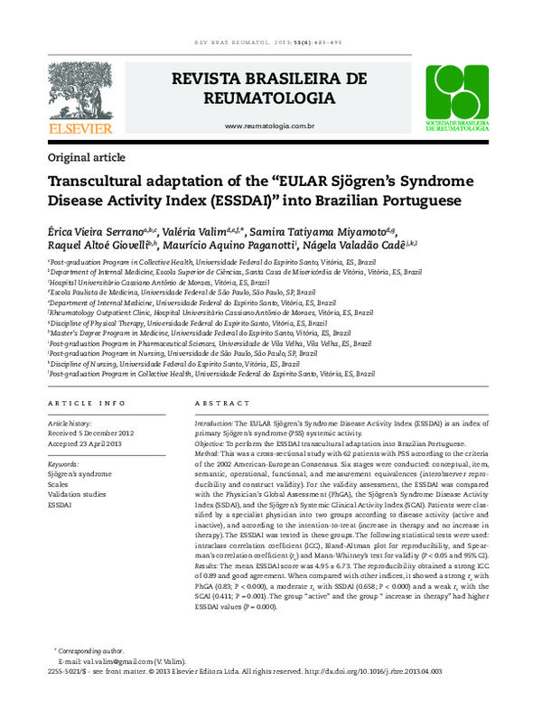 Pdf Transcultural Adaptation Of The “eular Sjögrens Syndrome Disease