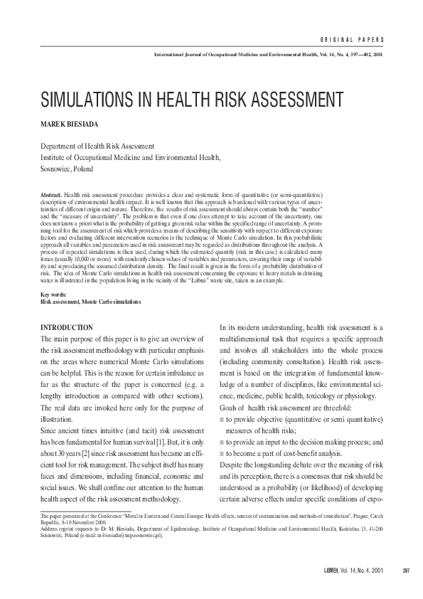 (PDF) Simulations in health risk assessment