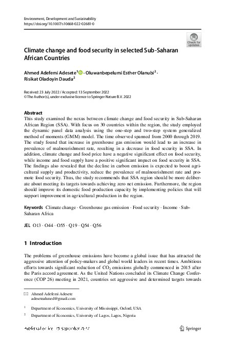 (PDF) Climate change and food security in selected Sub-Saharan African ...