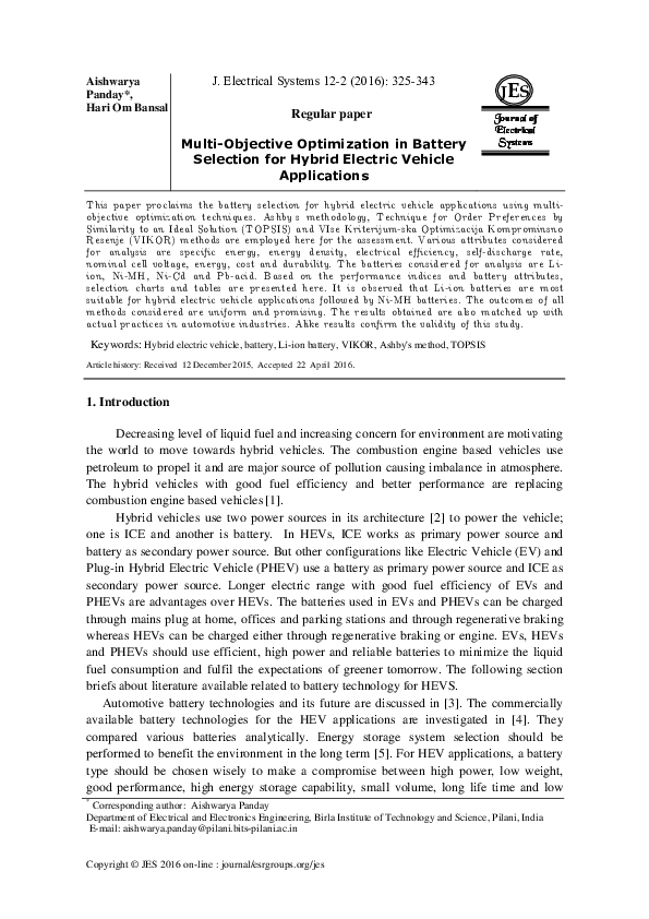 Pdf Regular Paper Multi Objective Optimization In Battery Selection