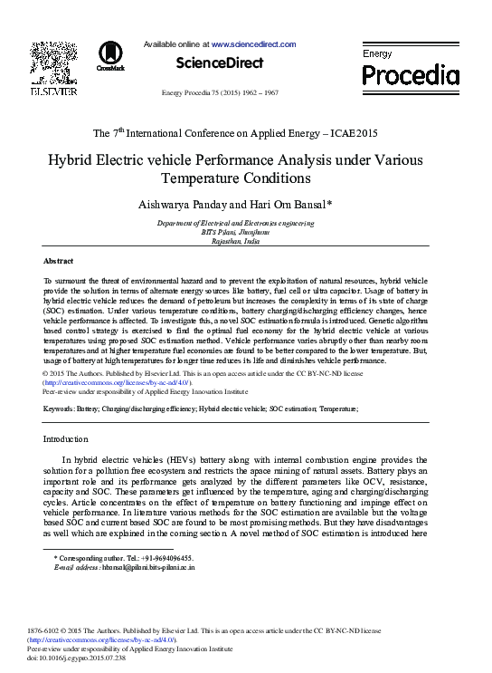 (PDF) Hybrid Electric Vehicle Performance Analysis Under Various ...