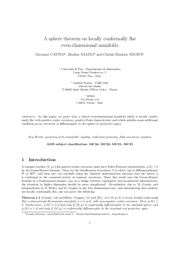 (PDF) A sphere theorem on locally conformally flat even-dimensional ...
