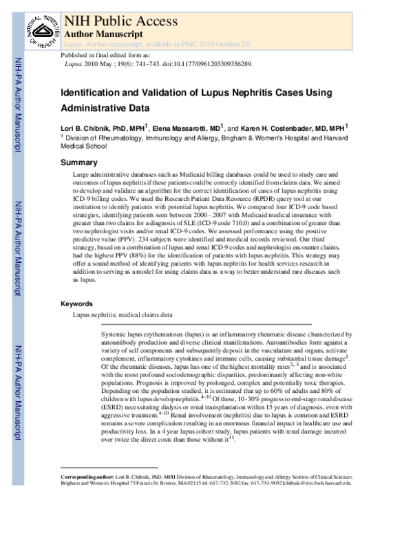 (PDF) Identification and validation of lupus nephritis cases using administrative data