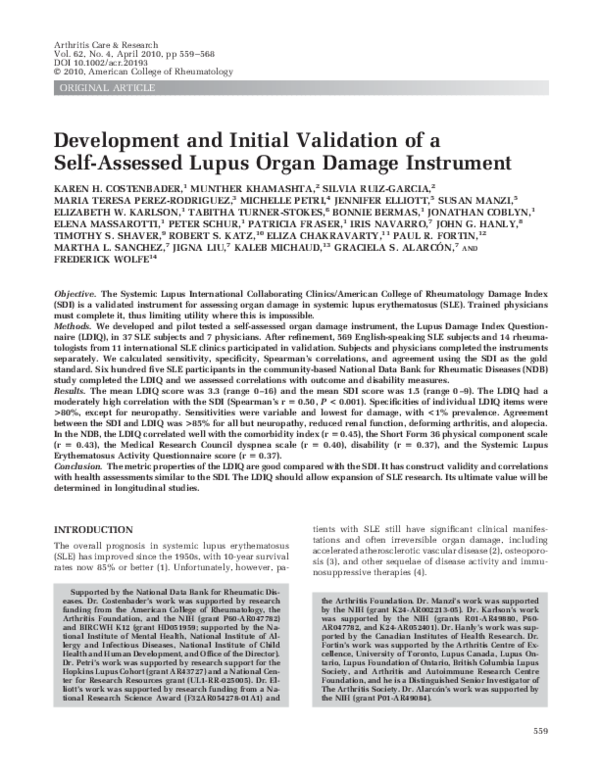 (PDF) Development and initial validation of a self-assessed lupus organ damage instrument