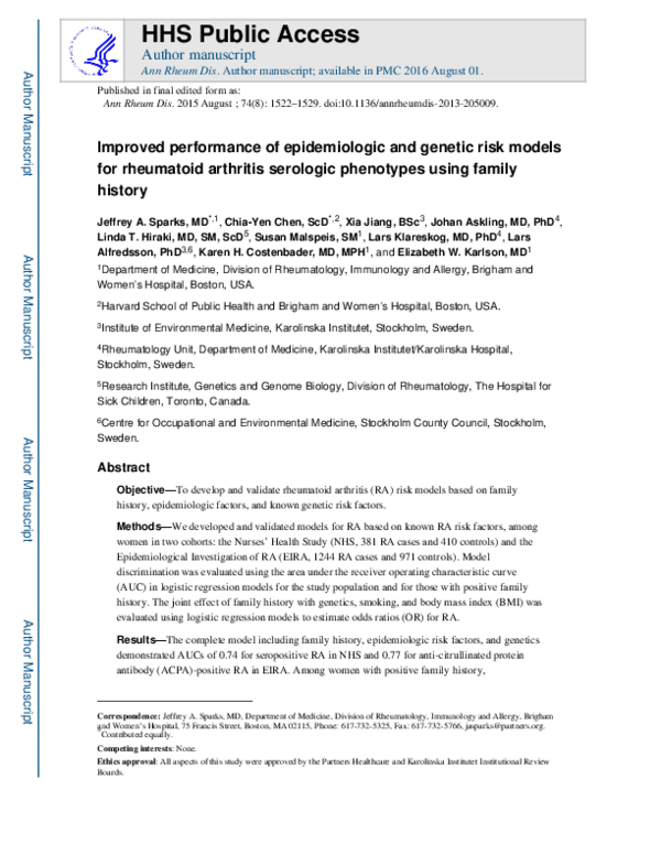 (PDF) Improved performance of epidemiologic and genetic risk models for rheumatoid arthritis ...