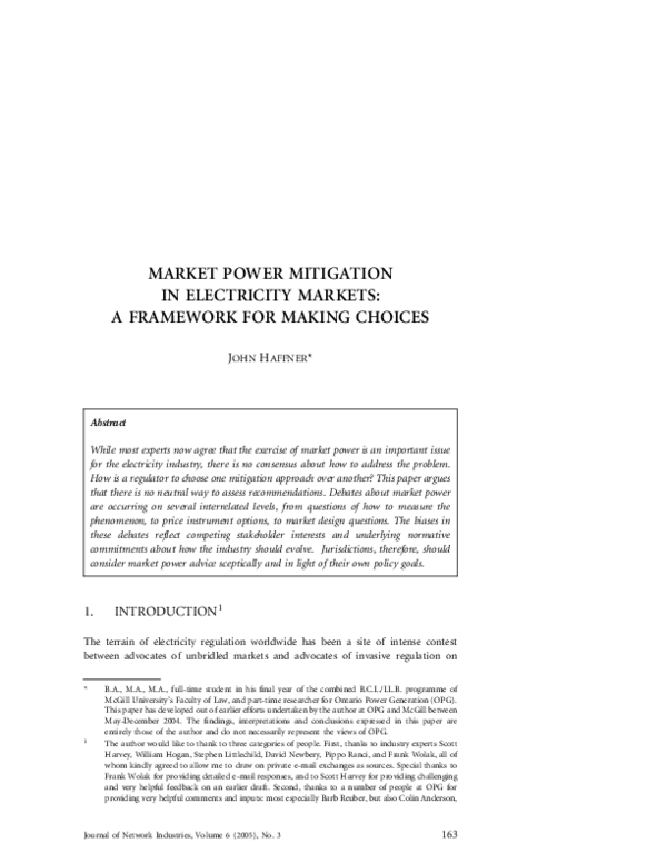 (PDF) Market Power Mitigation in Electricity Markets: A Framework for Making Choices