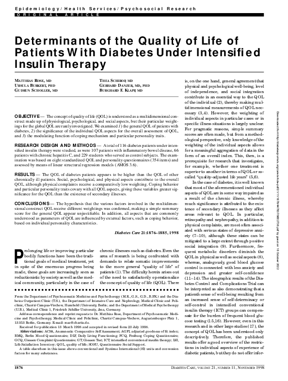 (PDF) Determinants of the quality of life of patients with diabetes ...