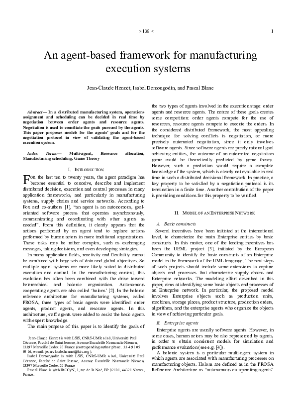 (PDF) An agent-based framework for manufacturing execution systems