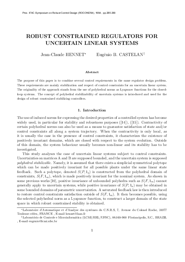 Pdf Robust Constrained Regulators For Uncertain Linear Systems Jean Claude Hennet