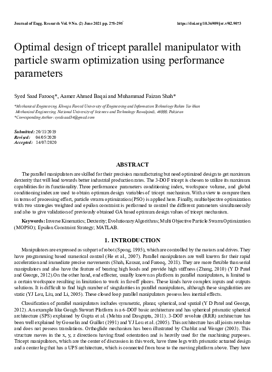 (PDF) Optimal design of tricept parallel manipulator with particle swarm optimization using ...