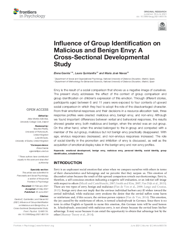 (PDF) Influence of Group Identification on Malicious and Benign Envy: A Cross-Sectional ...