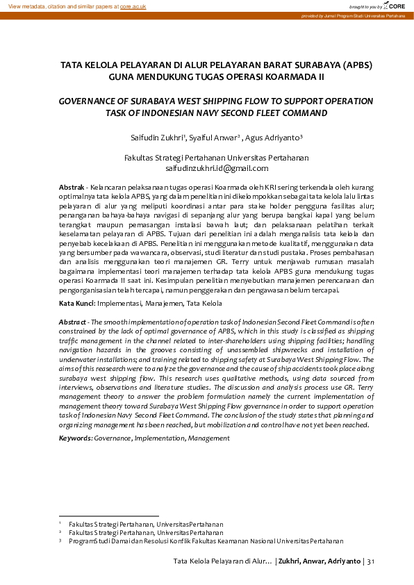 (PDF) Tata Kelola Pelayaran DI Alur Pelayaran Barat Surabaya (Apbs) Guna Mendukung Tugas Operasi ...