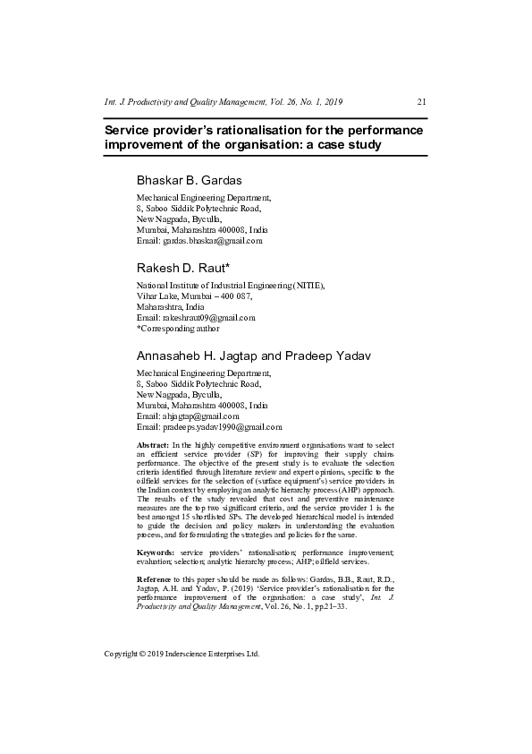 (PDF) Service provider's rationalisation for the performance ...