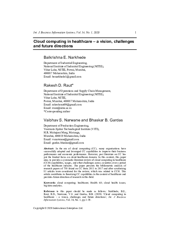 (PDF) Cloud Computing in Healthcare - A vision, challenges and future directions