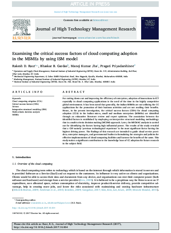 (PDF) Examining the critical success factors of cloud computing adoption in the MSMEs by using ...
