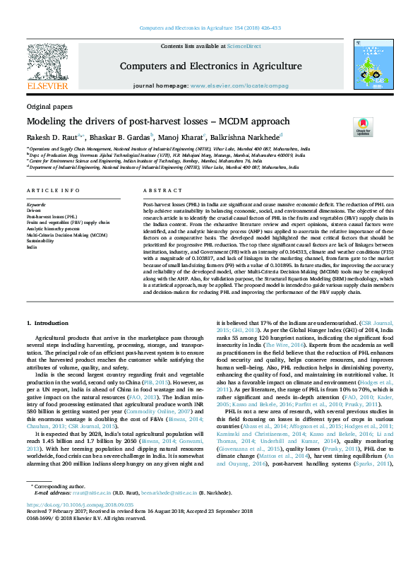 (PDF) Modeling the drivers of post-harvest losses – MCDM approach