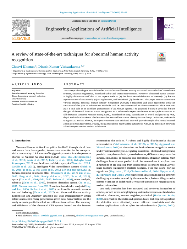 Pdf A Review Of State Of The Art Techniques For Abnormal Human Activity Recognition Chhavi