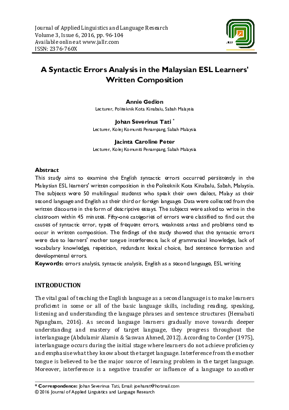 Pdf A Syntactic Errors Analysis In The Malaysian Esl Learners Written Composition Caroline