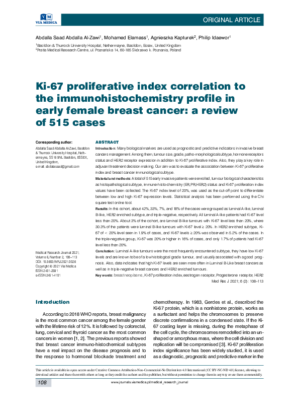 (PDF) Ki-67 proliferative index correlation to the immunohistochemistry profile in early female ...