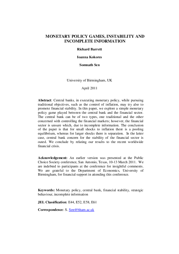 (PDF) Monetary policy games, financial instability and incomplete ...