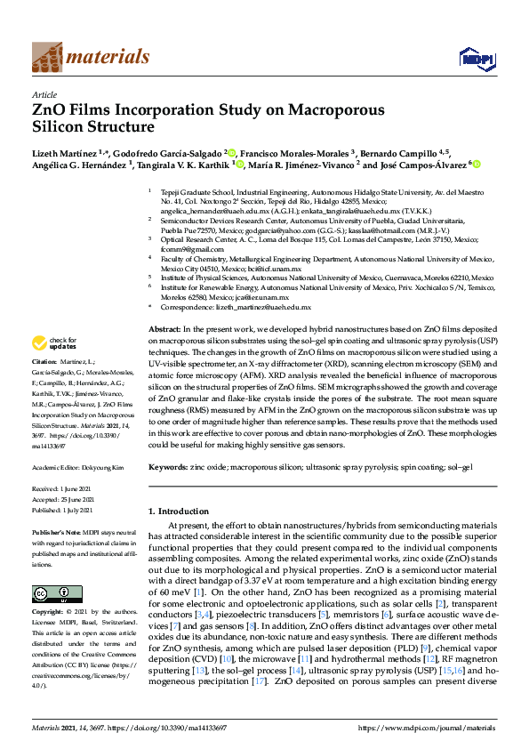 (PDF) ZnO Films Incorporation Study on Macroporous Silicon Structure